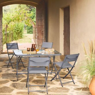 Sweeek Table de jardin pliante acier + 4 assises textil&egrave;ne anthracite - Ancona