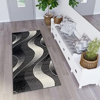 Tapiso Dream Tapis de Couloir Long Entr&eacute;e Salon Chambre Bureau Ado Design Moderne Noir Gris Blanc Abstrait Motif Ondes Vagues Poil Court Fin Tapis au M&egrave;tre 7
