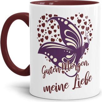 Tassendruck Liebes-Tasse mit Spruch Guten Morgen meine Liebe - Schmetterling/Paar/Schatz/Verliebt/Geschenk-Idee/Innen & Henkel Weinrot