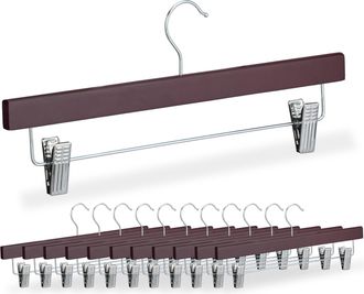 Relaxdays Hosenbügel 12er Set, je 2 Klammern, Clipkleiderbügel für Hosen & Röcke, HBT: 15,5x36x3 cm, Holz & Eisen, braun