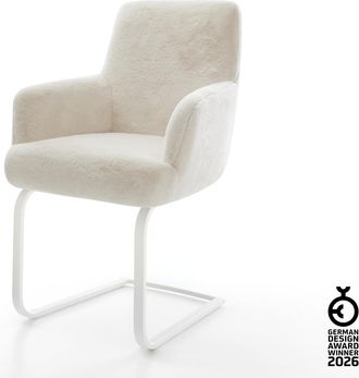 DELIFE Freischwinger Heira-Flex mit Armlehnen Pl&uuml;sch Creme-Wei&szlig; Freischwinger flach Wei&szlig; Taschenfederkern, Esszimmerst&uuml;hle