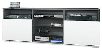 Vladon Meuble TV Granada, Lowboard avec 2 Portes et 6 Compartiments Ouverts, Corps Anthracite Mat, façades en Blanc Mat (146 x 54 x 35 cm)