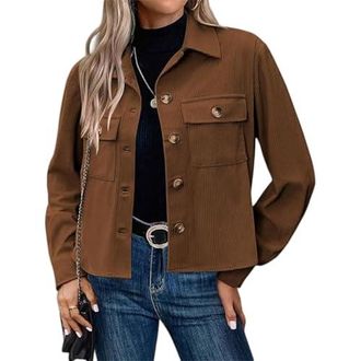 Generic Veste courte d&eacute;contract&eacute;e &agrave; manches longues et col &agrave; revers pour femme en velours c&ocirc;tel&eacute;, marron fonc&eacute;, XXL