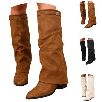Generic Bottes mi-mollet en daim pour femme - Large mollet - Bout pointu - Talon bloc &eacute;pais - Coupe extensible - Pour lautomne et lhiver, marron, 38.5 EU