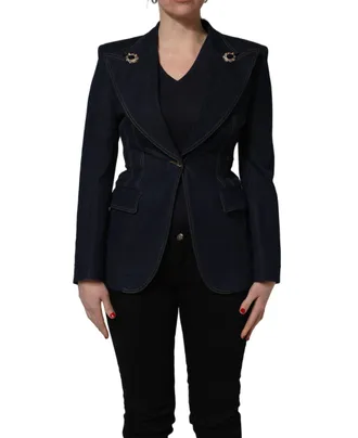 Dolce & Gabbana Womens Blue Single-Breasted Denim Blazer Jacket Cotton Elastane Clothing