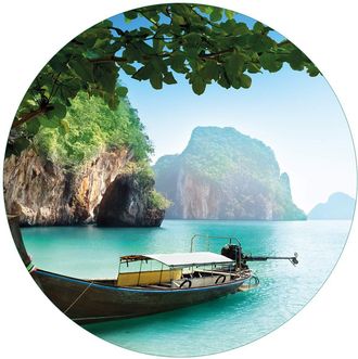 Wallario Glasbild rund Fischerboot in Thailand blaues Meer und Steinfelsen - Rund, 50 cm Durchmesser Wandbild Glas in Premium-Qualität: Brillante Farben, freis