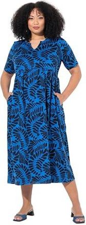 Ulla Popken Femme Grandes Tailles Robe Maxi, Coupe évasée. Col Tunisien et Manches Courtes Bleu Paon 62+ 839740740-62+