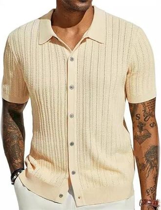 Generic Chemise en Tricot à col pour Hommes, Manches Courtes, Polo dété ajouré, Chemises légères tricotées décontractées