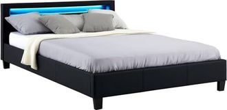 IDIMEX Lit LED Double 140x190 cm avec sommier, t&ecirc;te de lit Confortable, lit 1 Place rev&ecirc;tement synth&eacute;tique Noir, Pinot