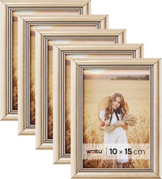 Woltu Bilderrahmen 10x15cm 5er Set Fotorahmen Holzrahmen mit Passepartout, zum vertikalen oder horizontalen Aufh&auml;ngen/Aufstellen, Posterrahmen Collage Wandd