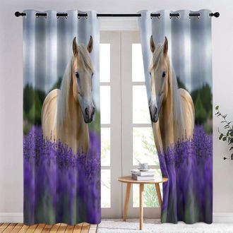 Generic Vorhang Abstrakt Blumen Pferd Drucken Grau Lila mit &Ouml;sen Verdunklungsvorh&auml;nge Gardinen Thermo Vorh&auml;nge Blackout Curtain Kinder Wohnzimmer Schlafzimmer