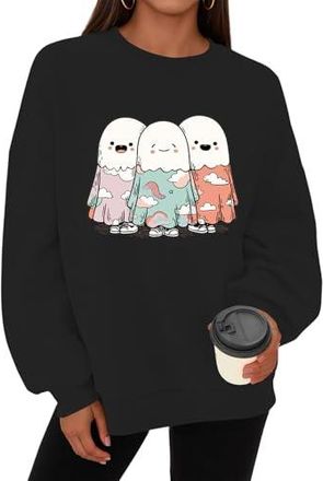 Generic Sweat-shirt dHalloween pour femme, sweat-shirt amusant &agrave; col rond pour Halloween | Chandail &agrave; &eacute;paules tombantes, Noir, M