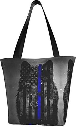 AOOEDM Blue Thin Line Wolf Sac d&eacute;picerie r&eacute;utilisable Sac &agrave; provisions Sac &agrave; bandouli&egrave;re d&eacute;contract&eacute; Sac &agrave; main pour hommes Femmes Sac de march&eacute; ECO Sac de p