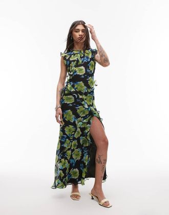 Topshop Robe longue &agrave; col montant, dos ouvert et volants - Bleu fleuri flout&eacute;-Multicolore