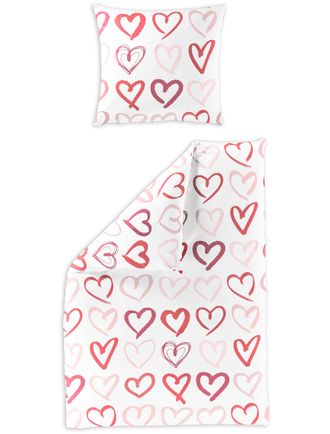 BIERBAUM Mako Satin Bettw&auml;sche 2 TLG. 135x200cm Herzen Herz Rosa Offwhite Rei&szlig;verschluss