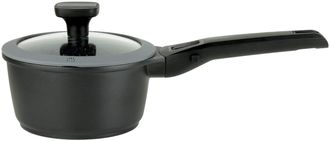 GSW 167871 Stielkasserolle Easy Click 16cm mit Glasdeckel und abnehmbarem Griff, Aluminium, Kunststoff, Glas, Silikon, 1.4 liters, schwarz