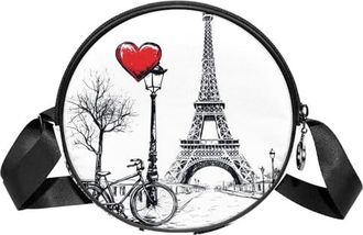 Generic Sac &agrave; bandouli&egrave;re rond rond pour femme, motif Tour Eiffel Love avec fermeture &eacute;clair et bretelles r&eacute;glables