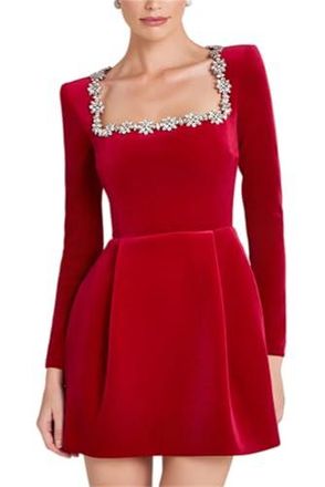 Generic Robe de mari&eacute;e &agrave; col carr&eacute; en velours et cristal pour mari&eacute;e, &eacute;l&eacute;gante avec bordure en diamant, manches longues, trompette pliss&eacute;e, Rouge, XS