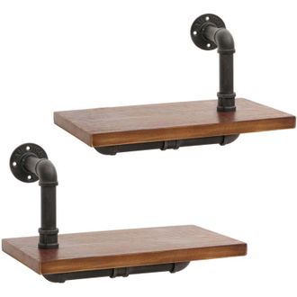 Hhg 2er-Set Wandregal HHG 077, H&auml;ngeregal Regal B&uuml;cherregal, 3D-Struktur Industrial Stahl Massiv-Holz 29x45x25cm braun