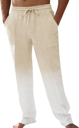 Generic Pantalon baggy en coton et lin pour homme, d&eacute;contract&eacute; et tendance, couleur unie, d&eacute;grad&eacute; de couleur, pantalon de plage ample en lin, pantalon de plag