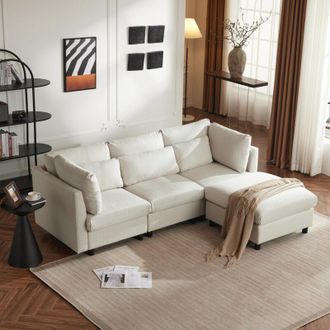 STILVORA Canap&eacute; dAngle R&eacute;versible 3 Places avec Pouf Mobile et Coussins, Dossier Haut Confort, en Lin, Beige