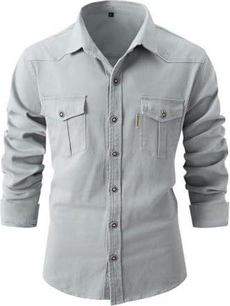 Generic Chemise extensible d&eacute;lav&eacute;e pour homme, chemises avec poches, chemises d&eacute;contract&eacute;es tendance polyvalentes et couleurs unies, chemise &agrave; col &agrave; revers et