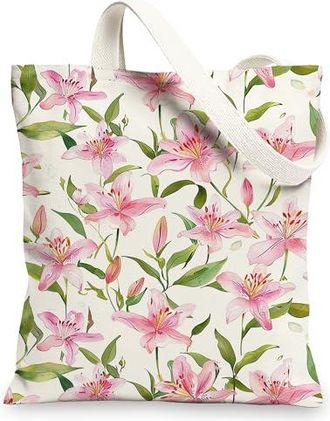 Generic Sacs fourre-tout en toile florale, élégant motif de lys de pêche, sacs à provisions réutilisables, chics légers et lavables, pêche, 13x15 Inch