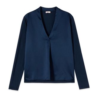 Oltre T-shirt col V deux mati&egrave;res - Femme - Blouses et Chemises - Bleu - Taille: 44 FR