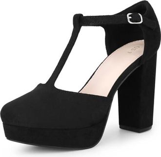 Allegra K Escarpins &agrave; talons hauts et plateforme &agrave; bout rond et sangle en T pour femme, Noir, 37 EU