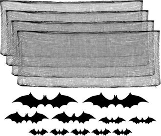 Generic Schwarzer Halloween-Stoff, schwarzes Halloween-Tuch | 4 Stück gruselige und gruselige Gaze-Dekorationen mit 11 Fledermäusen, 29,9 x 72 Zoll Tuch für d