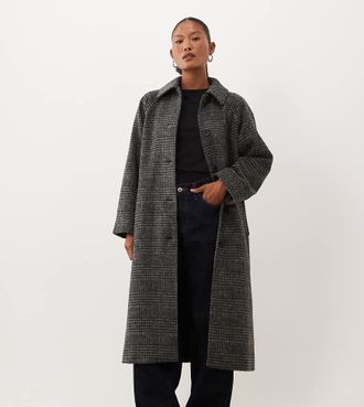 Asos Petite ASOS DESIGN Petite manteau car coat long en m&eacute;lange de laine bross&eacute;e &agrave; col, motif carreaux pow-Multi