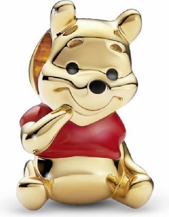 Pandora Disney Winnie Puuh Bär Charm aus 14 Karat vergoldeter Metalllegierung und roter Emaille - Kompatibel mit PANDORA Moments Armbänder
