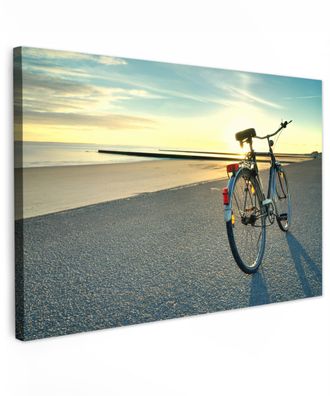 MuchoWow Leinwand Bilder, Einzigartige Wanddeko mit Rahmen, Nordsee - Fahrrad - Sonnenuntergang, Wandbilder Wohnzimmer, Deko Schlafzimmer 90x60 cm