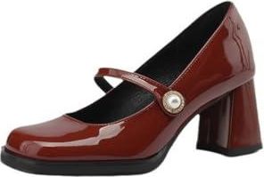 Generic Chaussures Femme Mary Janes Vintage Bout Carré Cuir Verni Tige Talons Carrés Slip-on Semelle Douce Confortables Bureau Quotidien,Rouge,38.5 EU