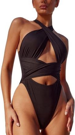 Generic Maillot de bain une pi&egrave;ce pour femme - Monokini imprim&eacute; - Pour l&eacute;t&eacute; - Style athl&eacute;tique - S&eacute;chage rapide - Dos nu - Pour piscine, Noir, L