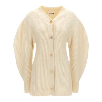 Jil Sander Lange gerippte Strickjacke aus Wolle - - Knitwear - Damen - Wei&szlig; - L