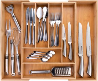 Alpina Besteckkasten für Schubladen - Organizer Schublade Ausziehbar 46 x 34-56,5 x 6 cm - Besteckkasten Holz mit 6 bis 8 Fächern - Für Küchenutensilien und 