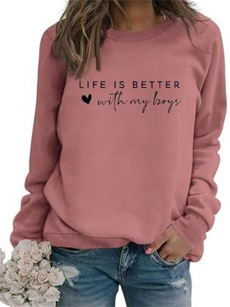 Generic Life Is Better with My Boys Sweat-shirt &agrave; col rond et manches longues pour femme Mom Life Pull graphique Mama Mother Pull Tops (UK, Alpha, S, standard