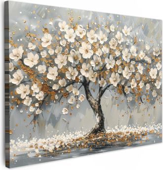 MuchoWow © Leinwand Bilder 80x60 cm Wanddeko Wohnzimmer Aesthetic Room Decor Deko Zimmer Wandbilder Modern Bild auf Leinwand Baum - Blumen - Weiß - Natur - Kun