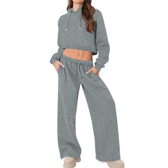 Generic Survêtement complet pour femme - Pantalon pour femme - Haut court sexy - Jambe large et pantalon de survêtement avec poches - Cordon de serrage - Tend