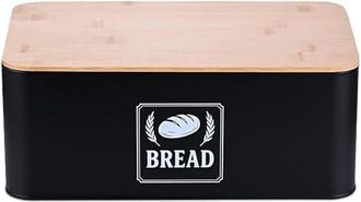 Relaxdays Brotkasten, Bambusdeckel, Metall, HxBxT: 13,5 x 33 x 19 cm, Retro Brotaufbewahrungsbox, Brotbehälter, schwarz