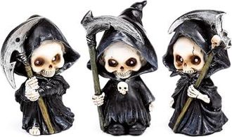 Puckator Ich Sehe, Nicht hören, Nicht sprechen, Set mit 3 besonderen Mini-Figuren aus Kunstharz, Engel des Todes, schwarzer Sensenmann mit Sense