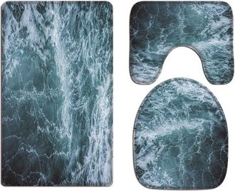 A.Monamour Badezimmer Badematte 3 Teilig Set Ozean Sturm Meer Wellen Blau Wasser Textur Abstrakt Kunstdruck Toilettensitz Abdeckungen Flanell Saugf&auml;hig Badteppic