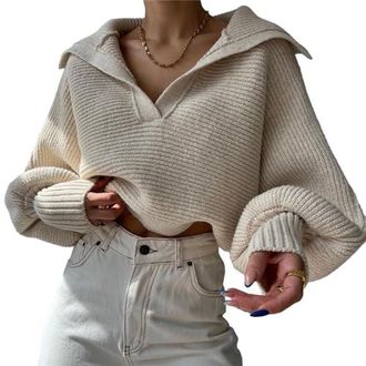 Generic Pull d&eacute;contract&eacute; &agrave; manches longues et col en V pour femme, coupe d&eacute;contract&eacute;e, blanc, taille M pour un usage quotidien, le travail et les vacances, ab