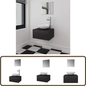 vidaXL 4-tlg. Badmöbel-Set mit Waschbecken und Wasserhahn Schwarz - Duschabtrennung - Badezimmerspiegel - Wandhängeschränke - Badmöbel - Armaturen