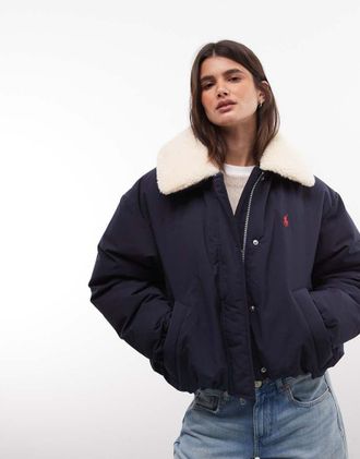 Polo Ralph Lauren bomber &agrave; col imitation peau de mouton bleu marine