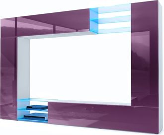 Vladon Wohnwand Mirage, Made in Germany, Anbauwand mit Rückwand mit 2 Türen, 2 Klappen und 6 offenen Glasablagen, Weiß matt/Brombeer Hochglanz, inkl. LED-Bel