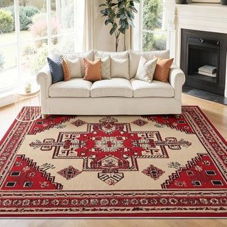 Generic Tapis de D&eacute;coration Rectangulaire, Oriental Traditionnel G&eacute;om&eacute;trique Carr&eacute; Kids Flanelle Tapis pour Chambre denfant - Rouge Int&eacute;rieur Antid&eacute;rapant Tap