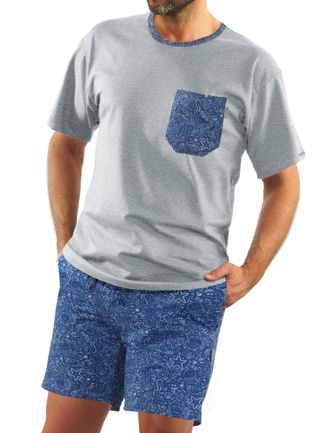 Sesto Senso Schlafanzug Herren Kurz Grau Melange Baumwolle Pyjama Sommer Kurzarm XXL 2693-01