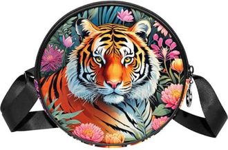 Generic Petit sac &agrave; bandouli&egrave;re rond pour femme, motif fleur de tigre, sac &agrave; dos avec fermeture &eacute;clair, bretelles r&eacute;glables, sac &agrave; main rond d&eacute;contract&eacute; pour 